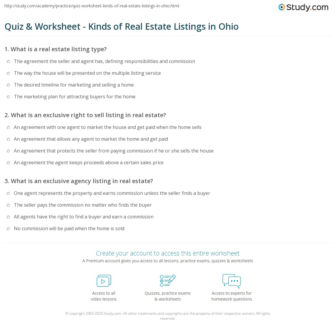 Quiz & Worksheet - Kinds of Real Estate Listings in Ohio | Study.com
