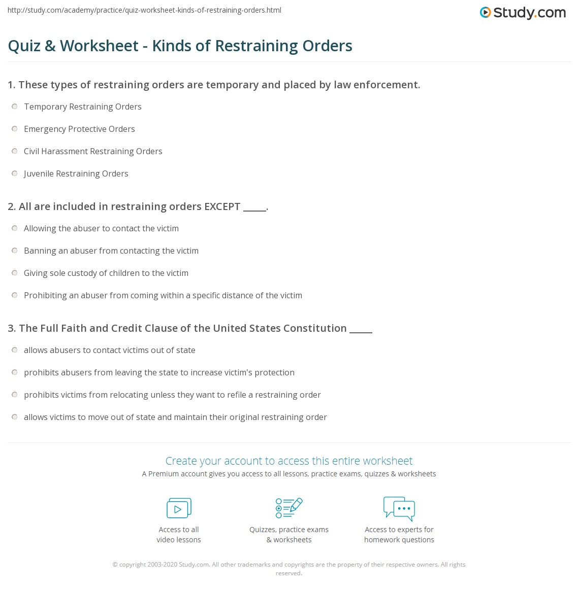 Quiz & Worksheet - Kinds of Restraining Orders | Study.com