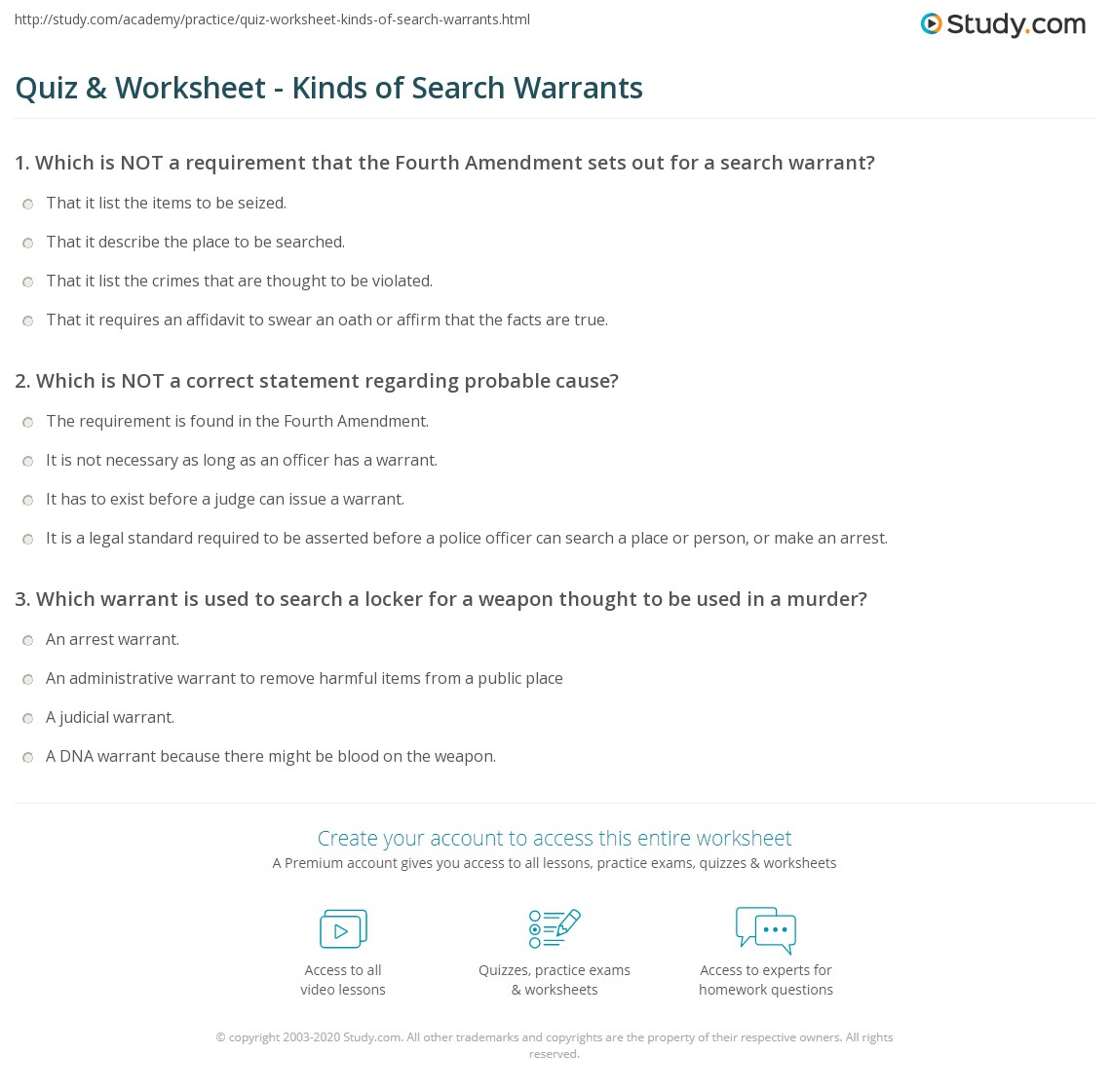 Quiz & Worksheet - Kinds of Search Warrants | Study.com