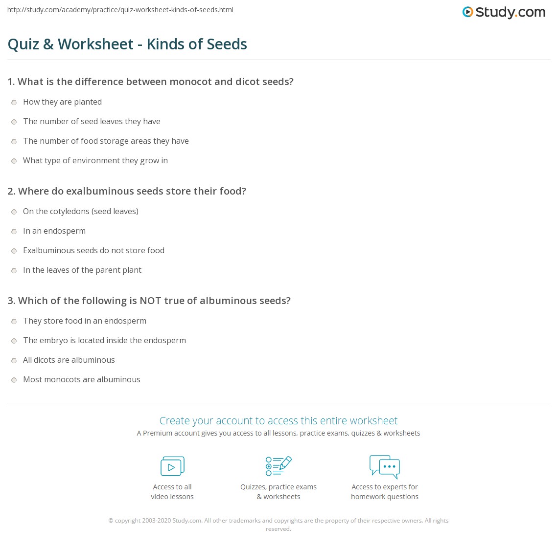 Quiz & Worksheet - Kinds of Seeds | Study.com