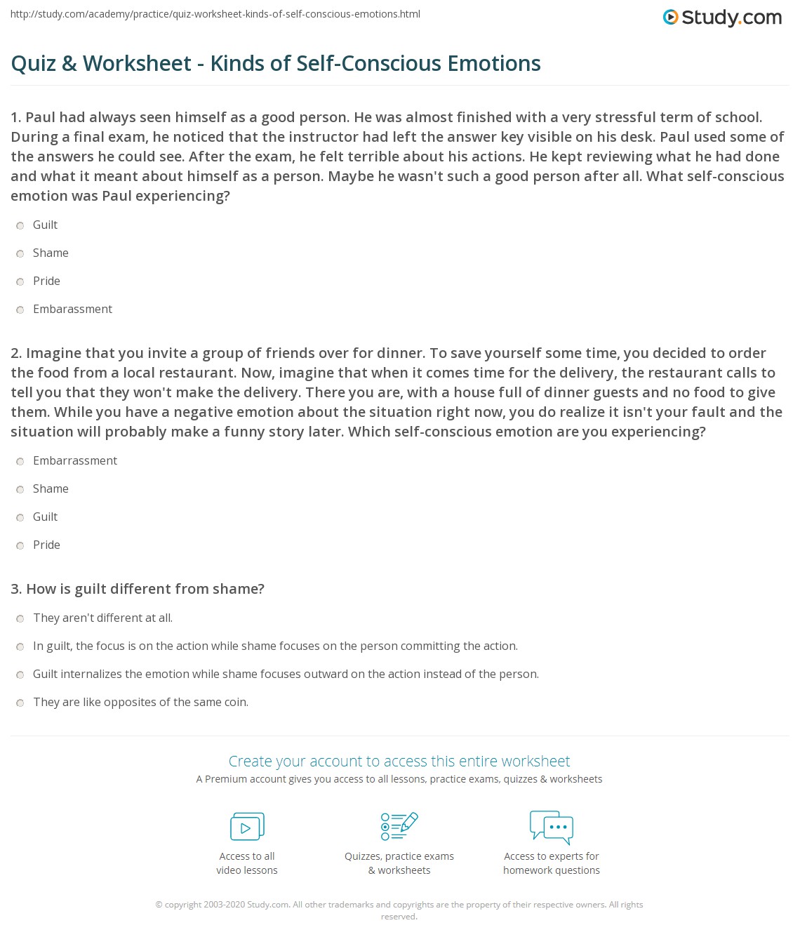 Quiz & Worksheet - Kinds of Self-Conscious Emotions | Study.com