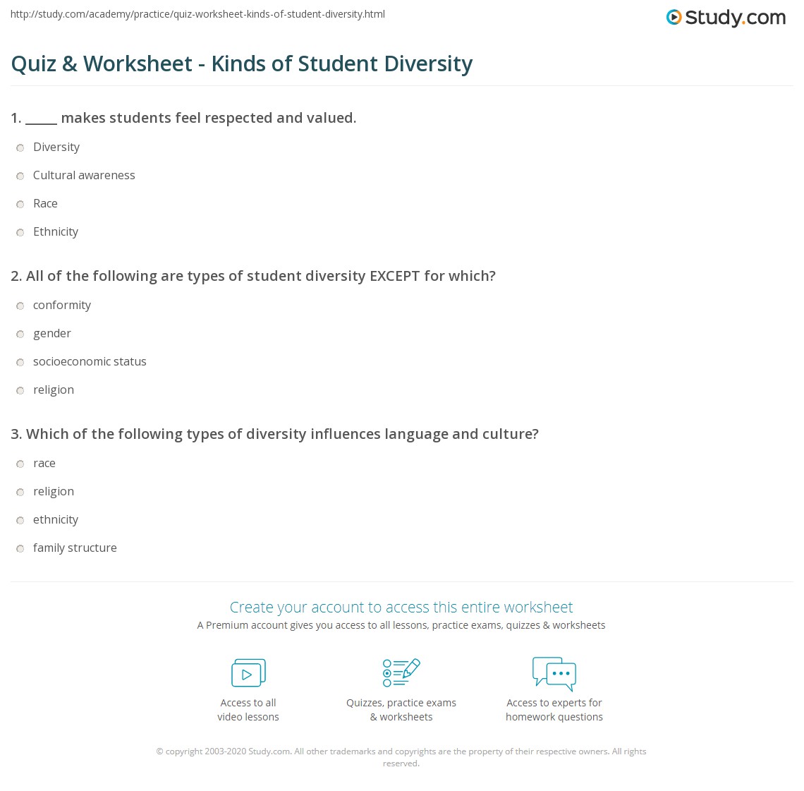 Quiz & Worksheet - Kinds of Student Diversity | Study.com