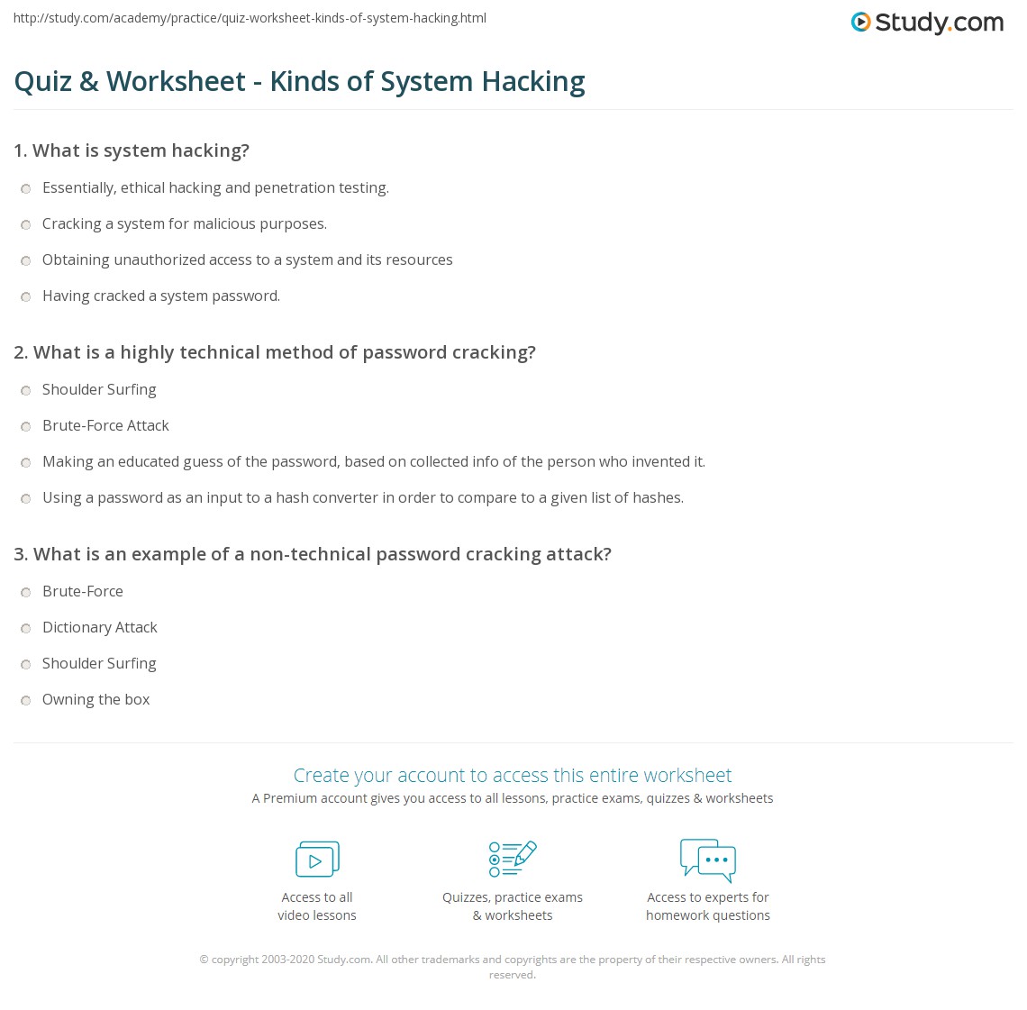 Quiz & Worksheet - Kinds of System Hacking | Study.com
