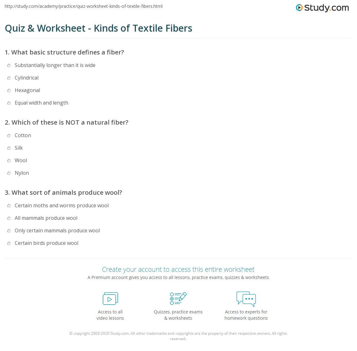 Quiz & Worksheet - Kinds of Textile Fibers | Study.com