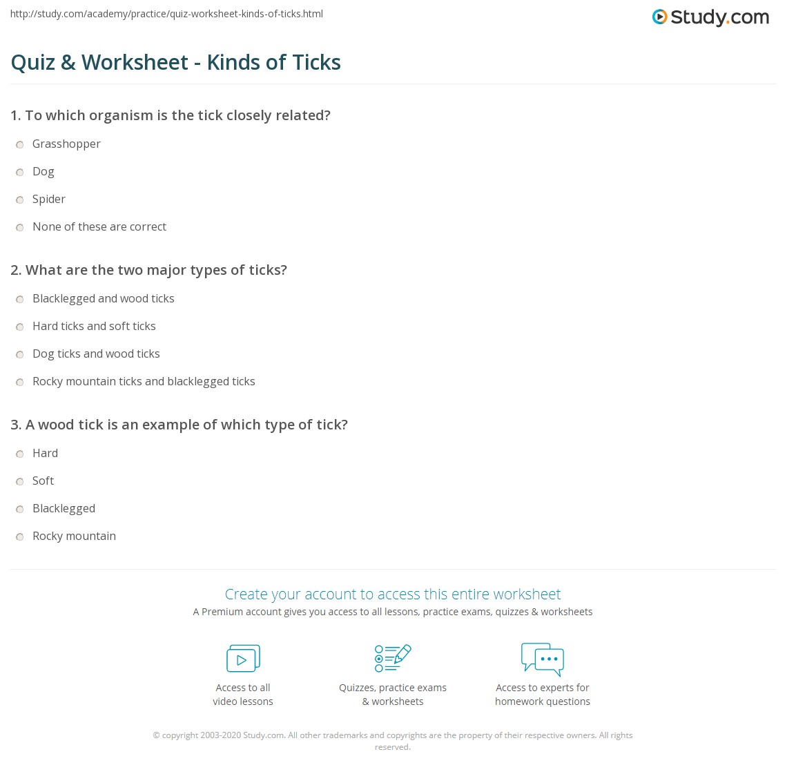 Quiz & Worksheet - Kinds of Ticks | Study.com