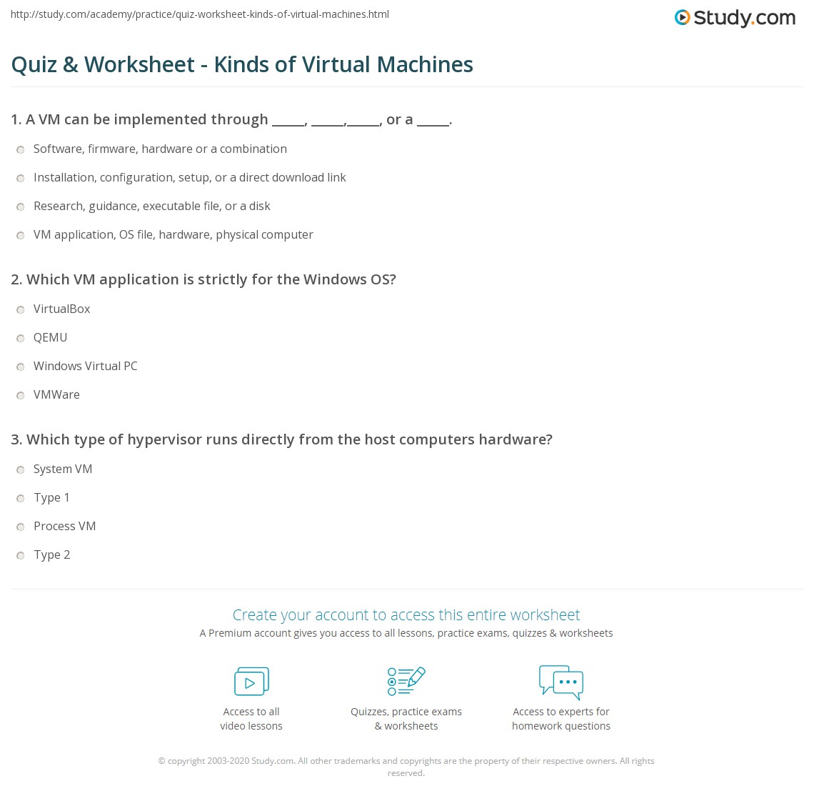 Quiz & Worksheet - Kinds of Virtual Machines | Study.com