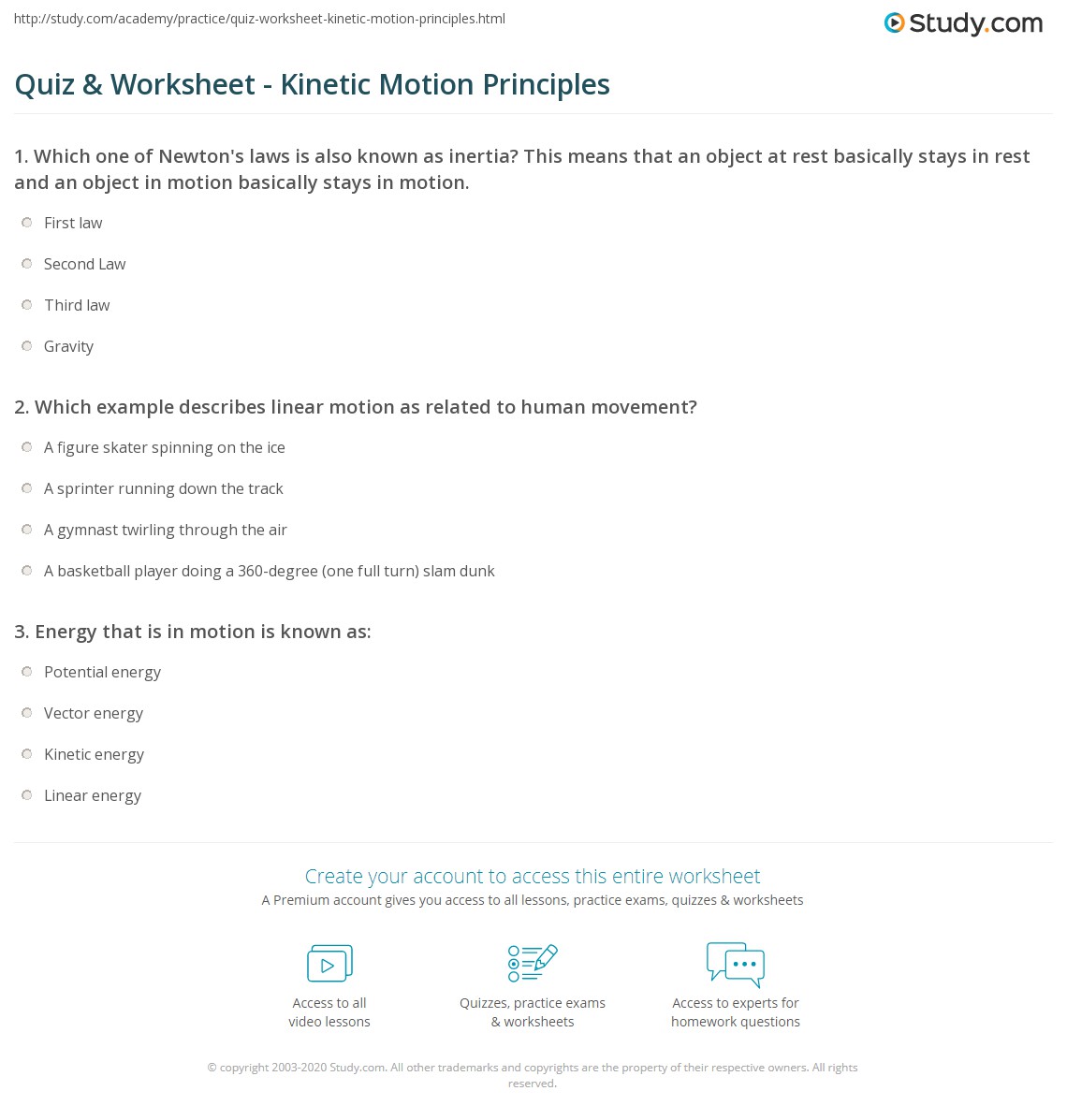 Quiz & Worksheet - Kinetic Motion Principles | Study.com