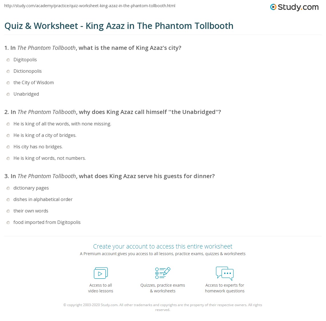 Quiz & Worksheet - King Azaz in The Phantom Tollbooth | Study.com