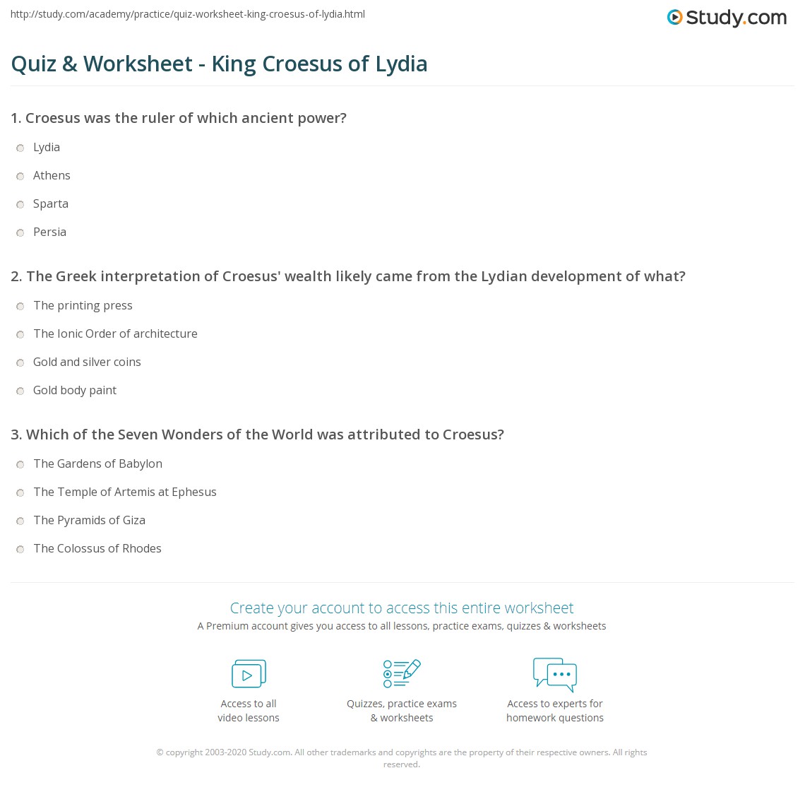 Quiz & Worksheet - King Croesus of Lydia | Study.com