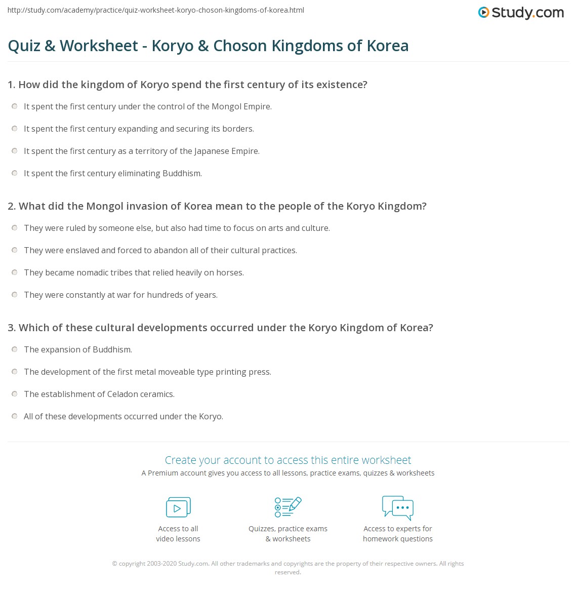 Quiz & Worksheet - Koryo & Choson Kingdoms of Korea | Study.com