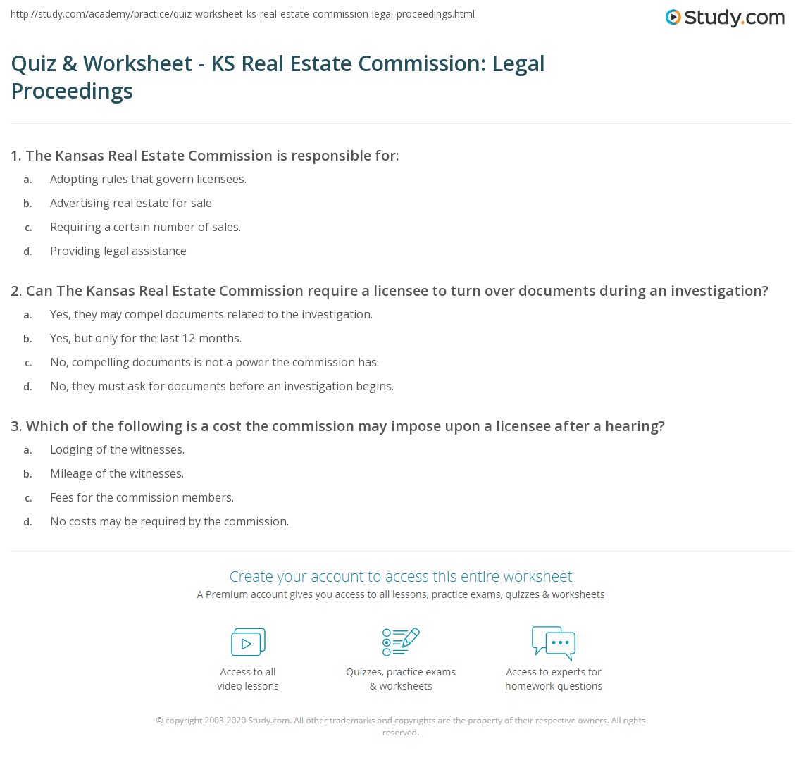 Quiz & Worksheet - KS Real Estate Commission: Legal Proceedings | Study.com