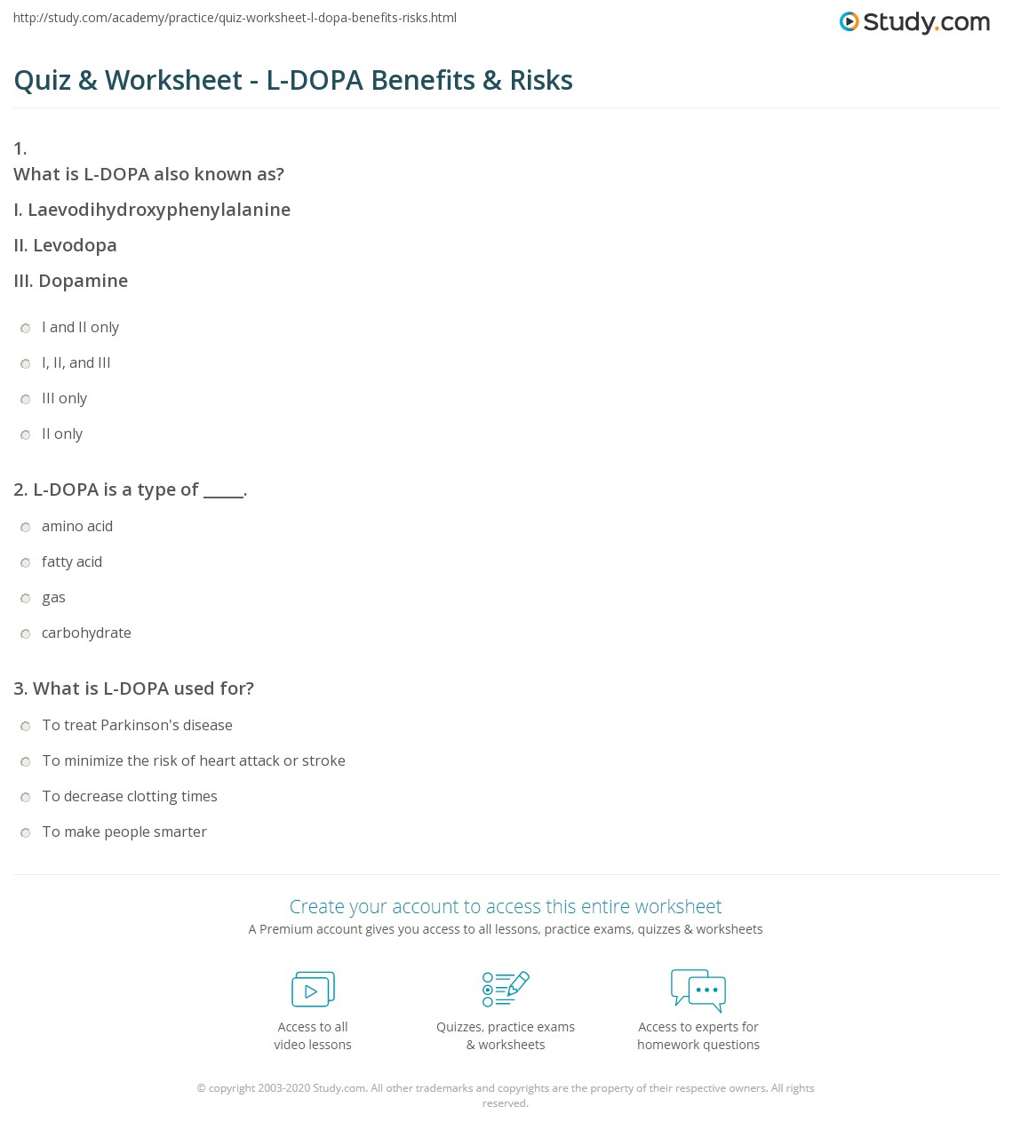 Quiz & Worksheet - L-DOPA Benefits & Risks | Study.com