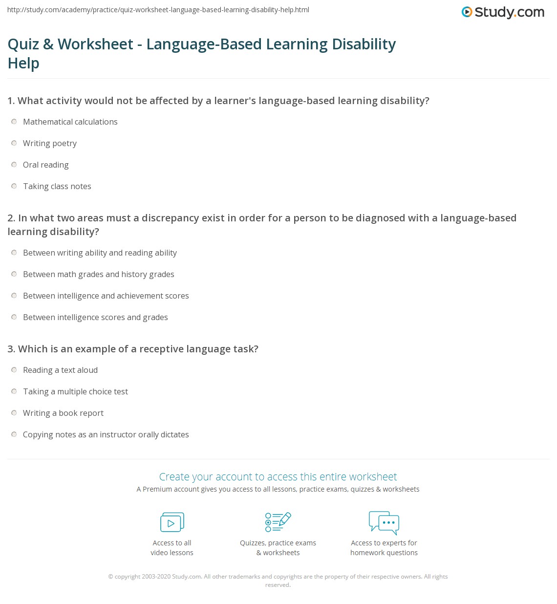 Quiz & Worksheet - Language-Based Learning Disability Help | Study.com