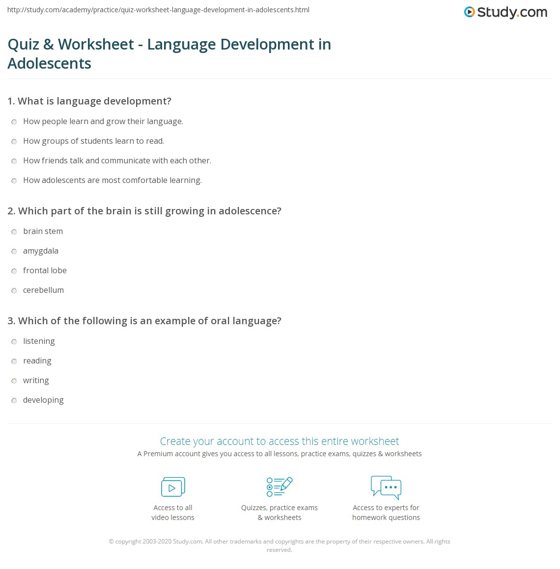 Quiz & Worksheet - Language Development in Adolescents | Study.com