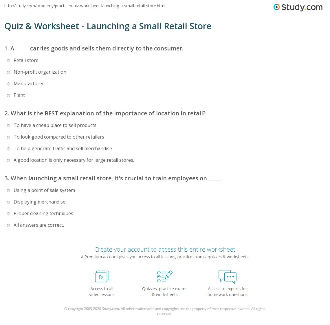 Quiz & Worksheet - Launching a Small Retail Store | Study.com