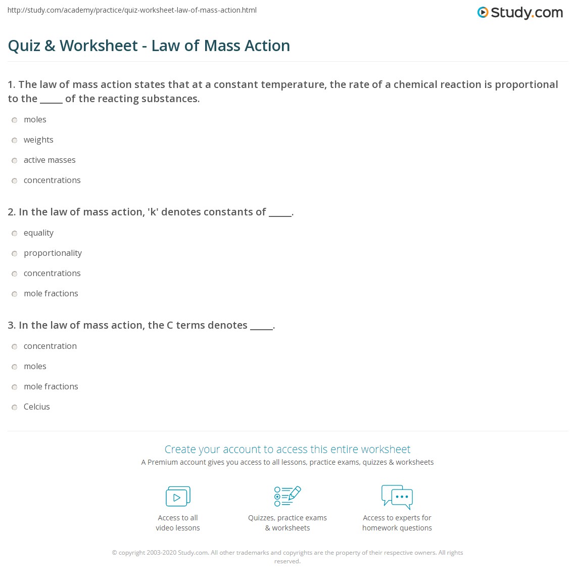 Quiz & Worksheet - Law of Mass Action | Study.com