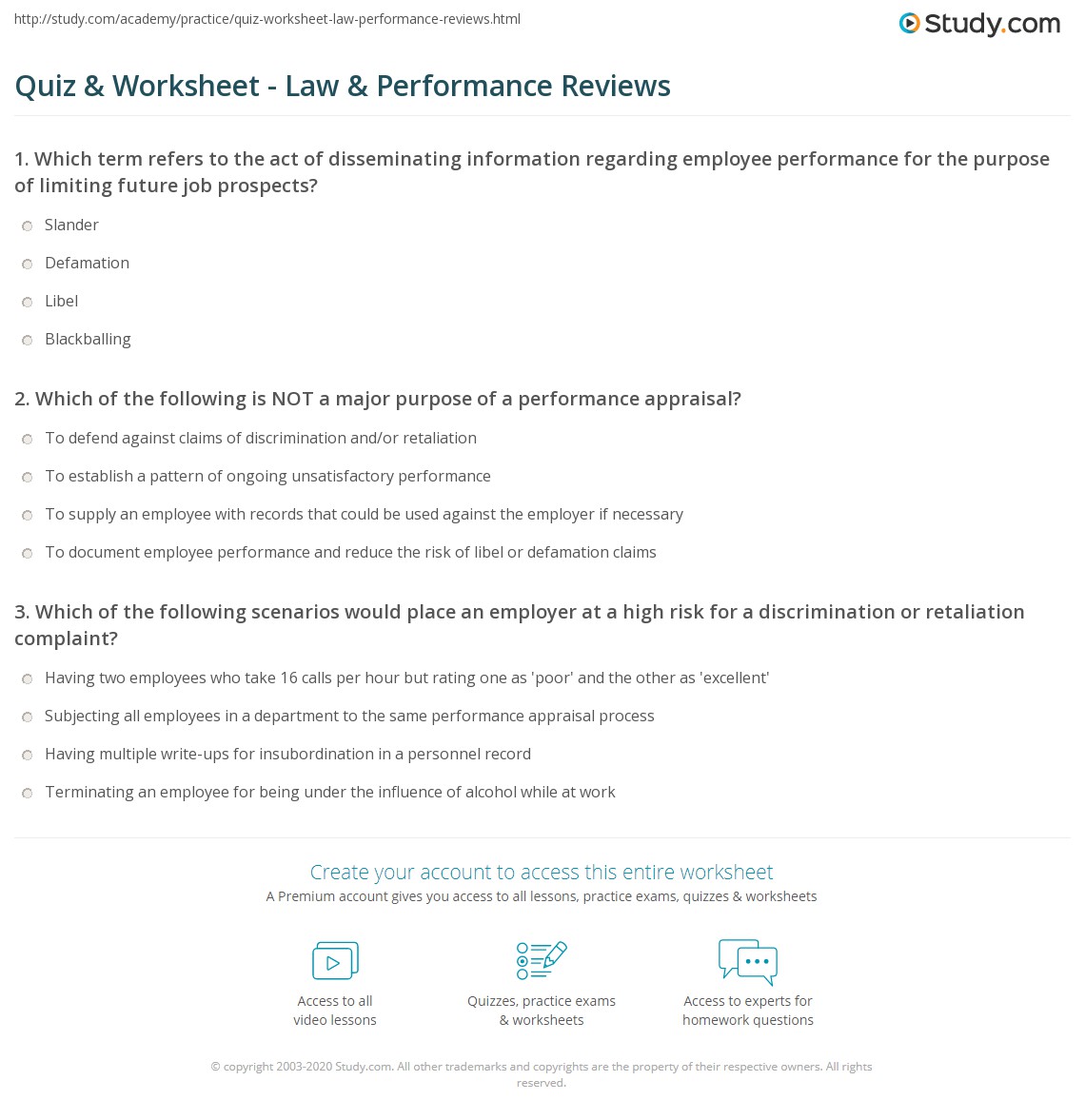 Quiz & Worksheet - Law & Performance Reviews | Study.com