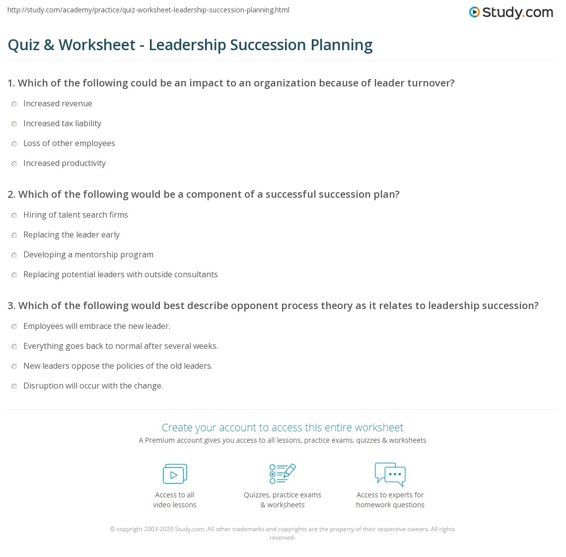 Quiz & Worksheet - Leadership Succession Planning | Study.com