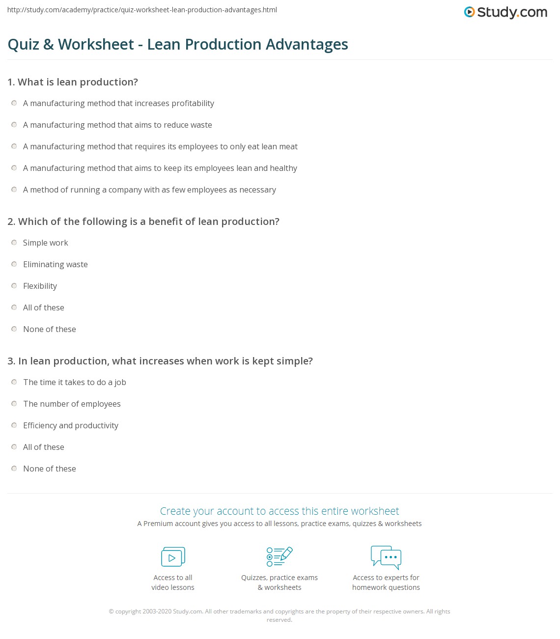 Quiz & Worksheet - Lean Production Advantages | Study.com