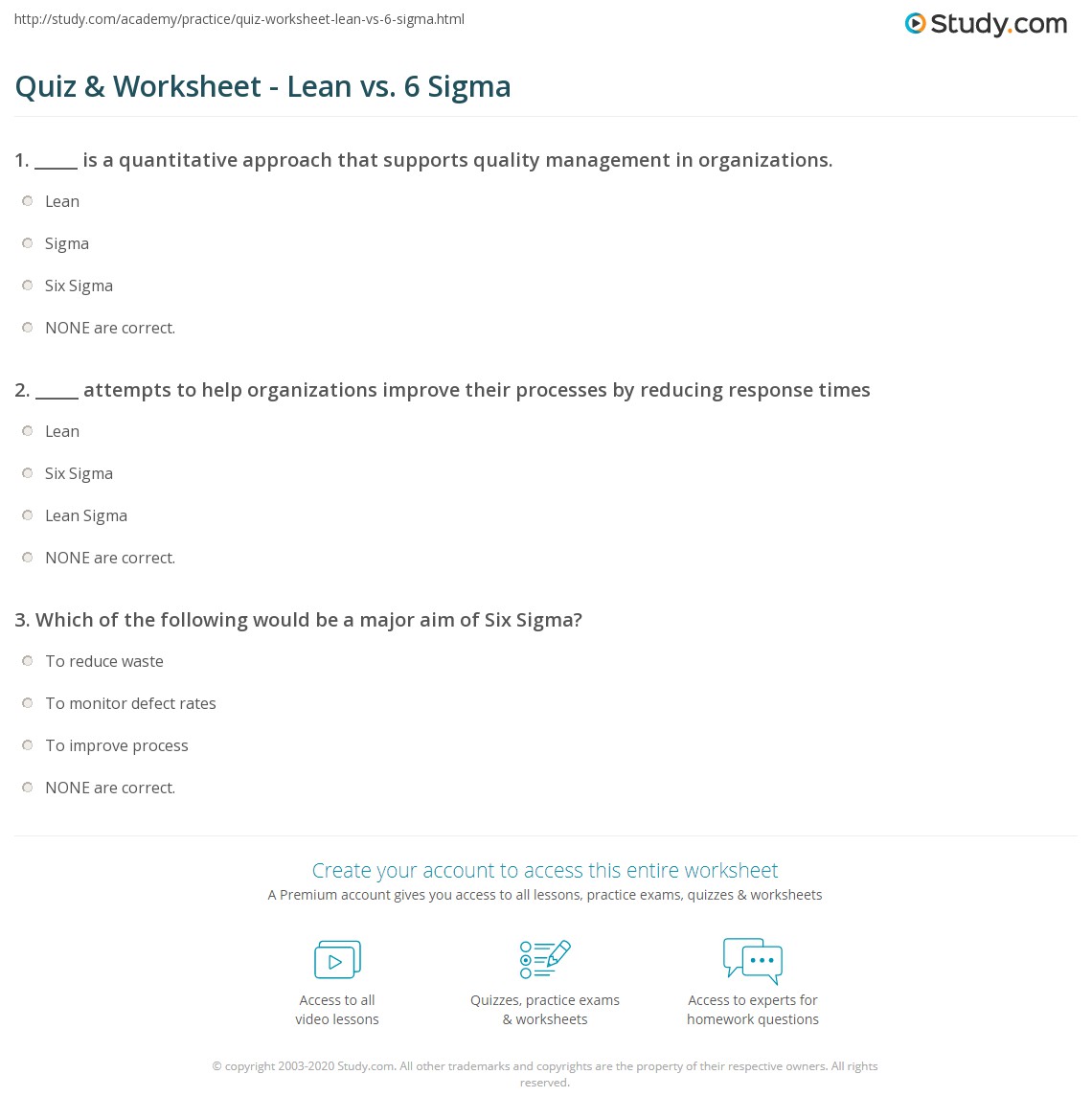 Quiz & Worksheet - Lean vs. 6 Sigma | Study.com