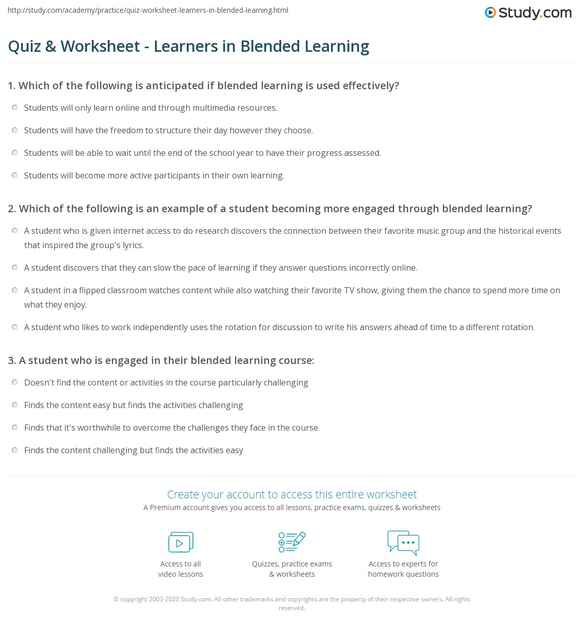 Quiz & Worksheet - Learners in Blended Learning | Study.com