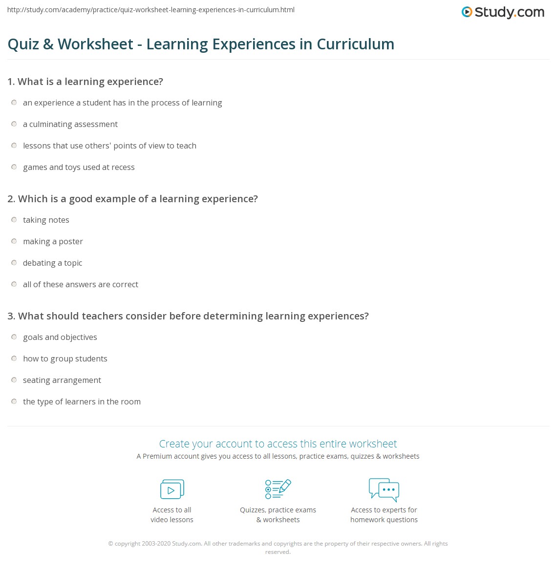 Quiz & Worksheet - Learning Experiences in Curriculum | Study.com