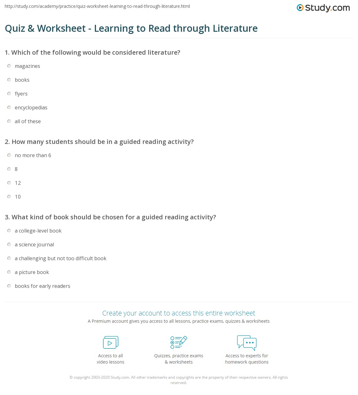 Quiz & Worksheet - Learning to Read through Literature | Study.com