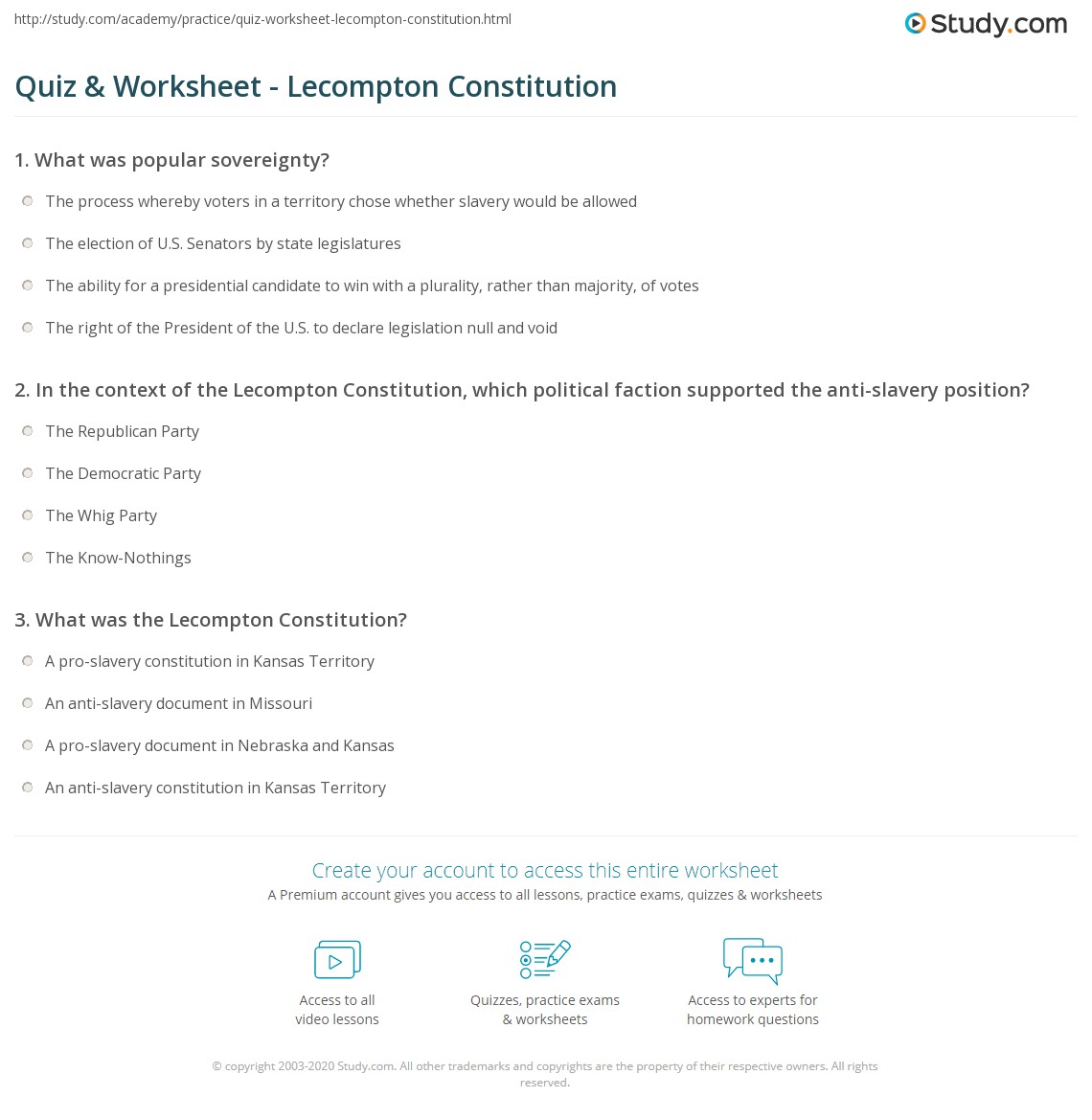Quiz & Worksheet - Lecompton Constitution | Study.com