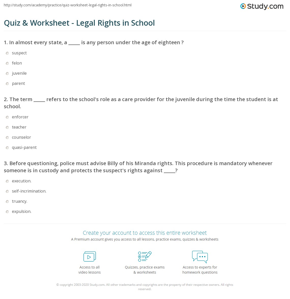 Quiz & Worksheet - Legal Rights in School | Study.com
