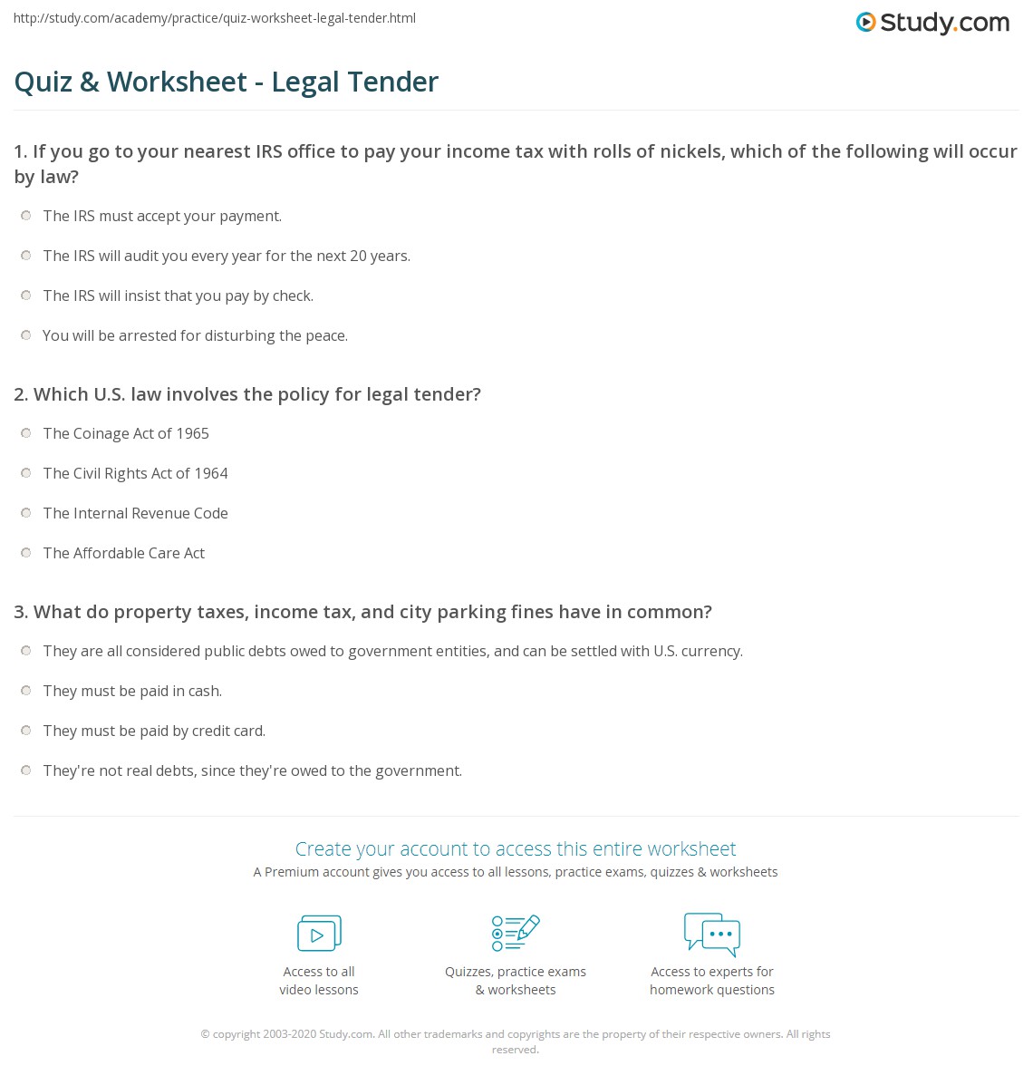 Quiz & Worksheet - Legal Tender | Study.com