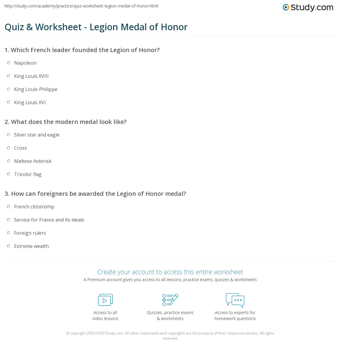 Quiz & Worksheet - Legion Medal of Honor | Study.com