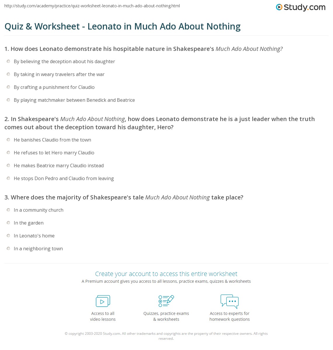 Quiz & Worksheet - Leonato in Much Ado About Nothing | Study.com