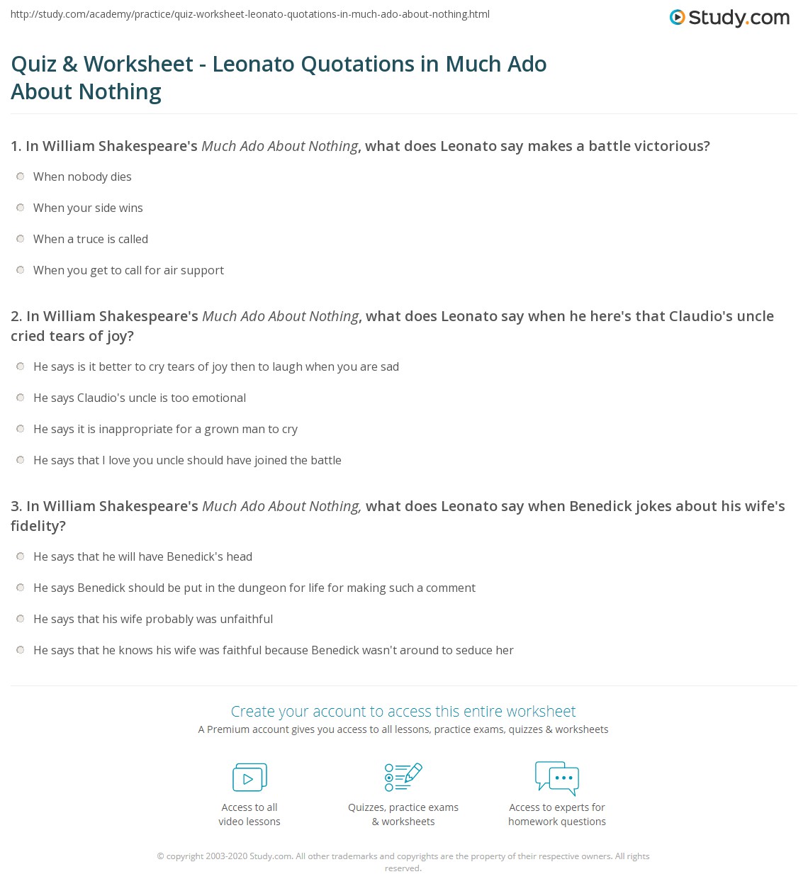 Quiz & Worksheet - Leonato Quotations in Much Ado About Nothing | Study.com