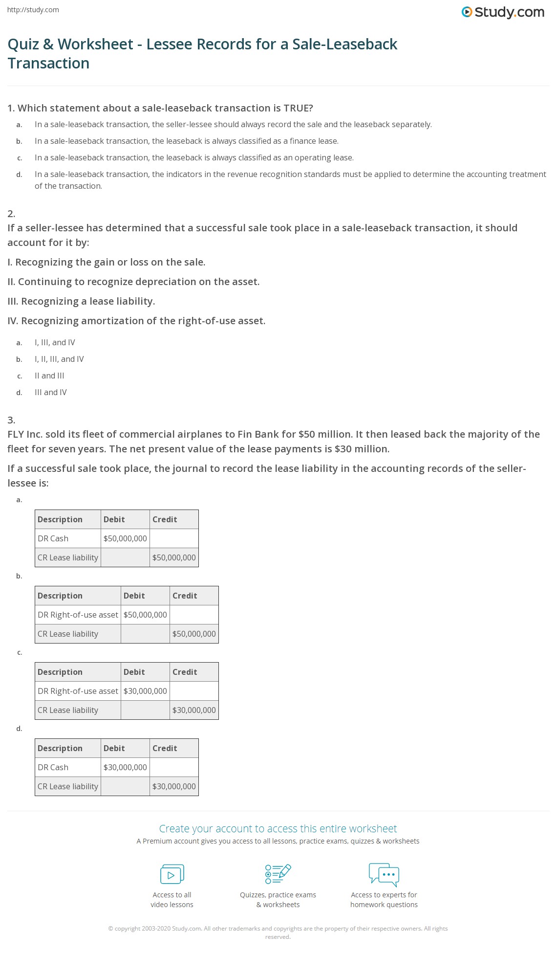Quiz & Worksheet - Lessee Records for a Sale-Leaseback Transaction ...