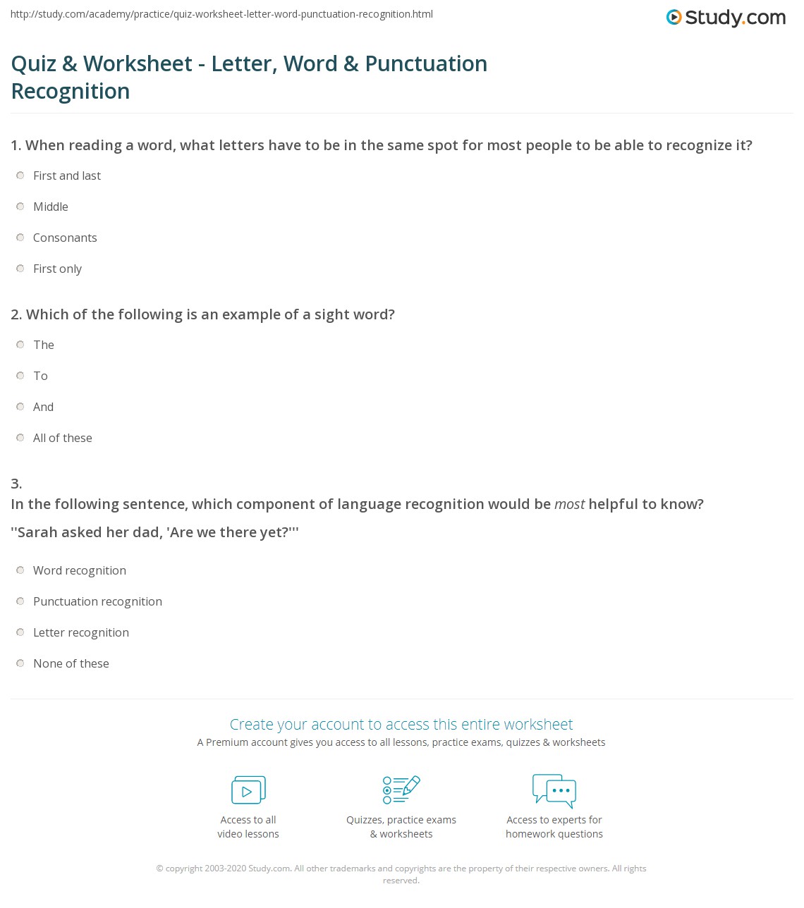 Quiz & Worksheet - Letter, Word & Punctuation Recognition | Study.com