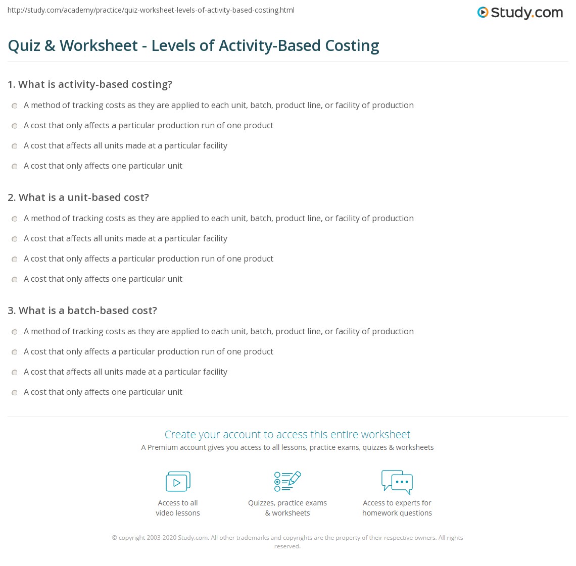 Quiz & Worksheet - Levels of Activity-Based Costing | Study.com