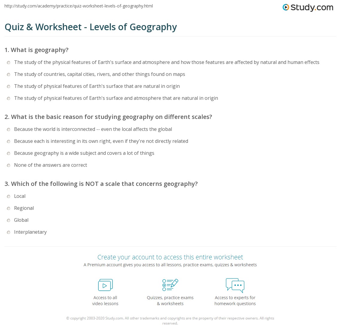 Quiz & Worksheet - Levels of Geography | Study.com