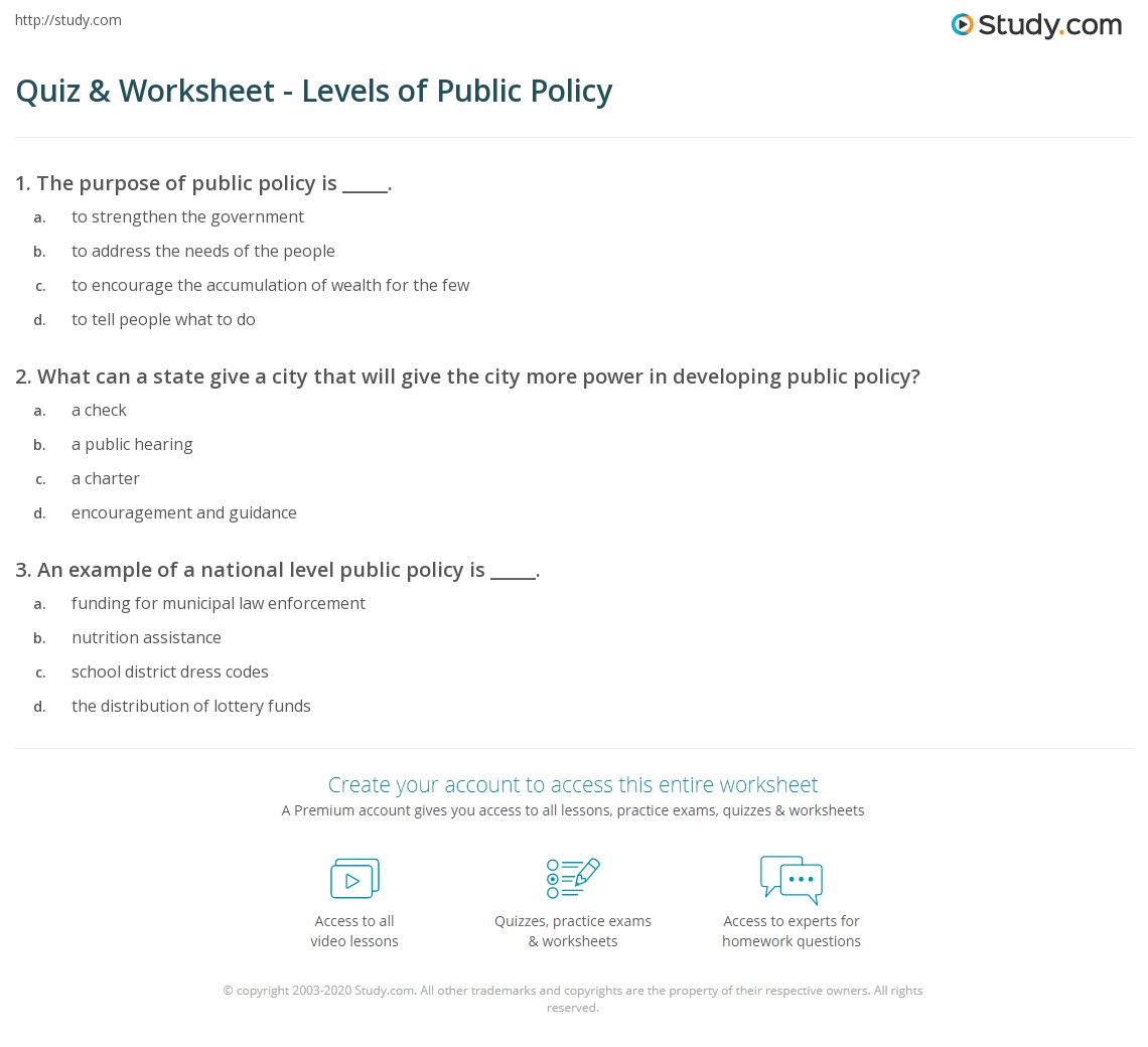 Quiz & Worksheet - Levels of Public Policy | Study.com