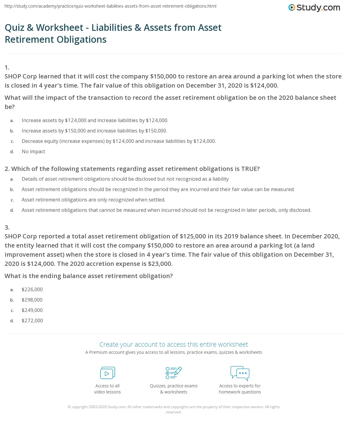 Quiz & Worksheet - Liabilities & Assets from Asset Retirement ...