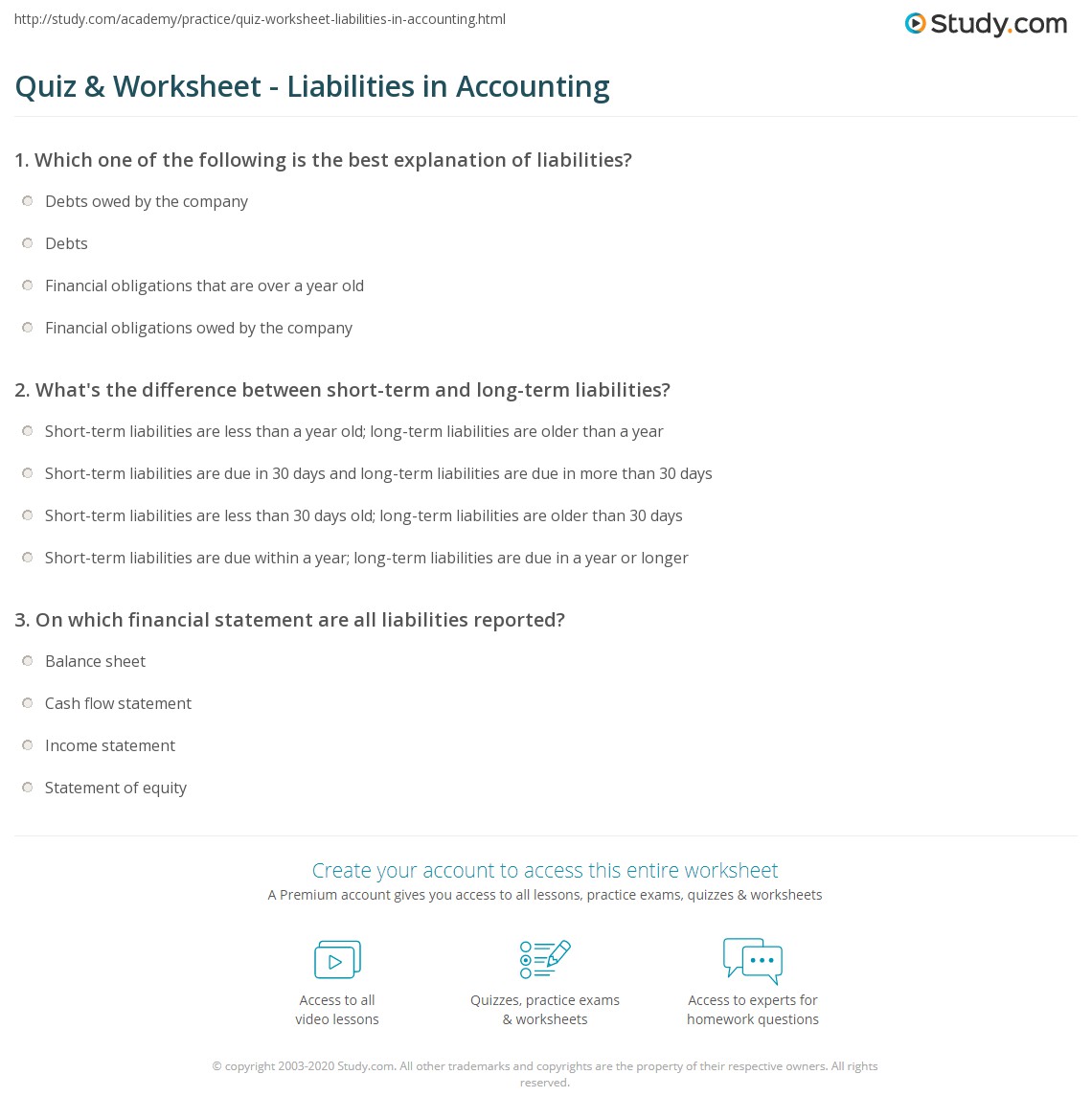 Quiz & Worksheet - Liabilities in Accounting | Study.com