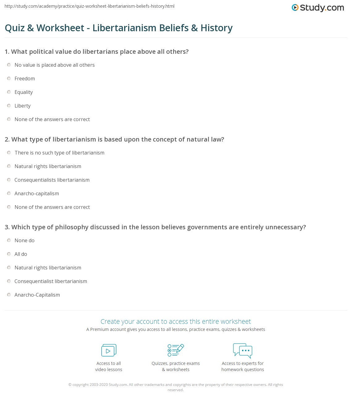 Quiz & Worksheet - Libertarianism Beliefs & History | Study.com