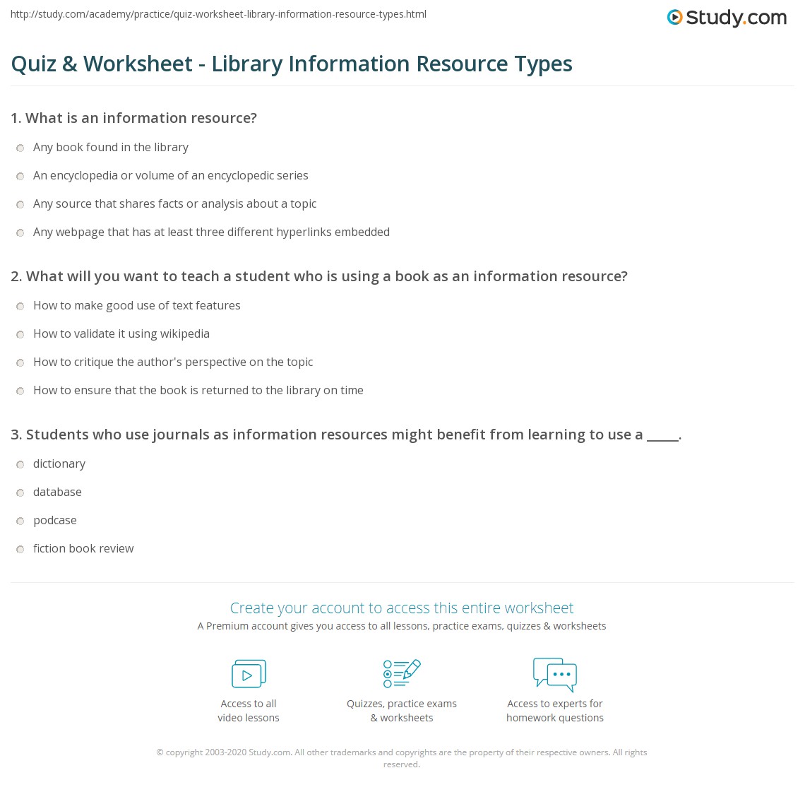 Quiz & Worksheet - Library Information Resource Types | Study.com