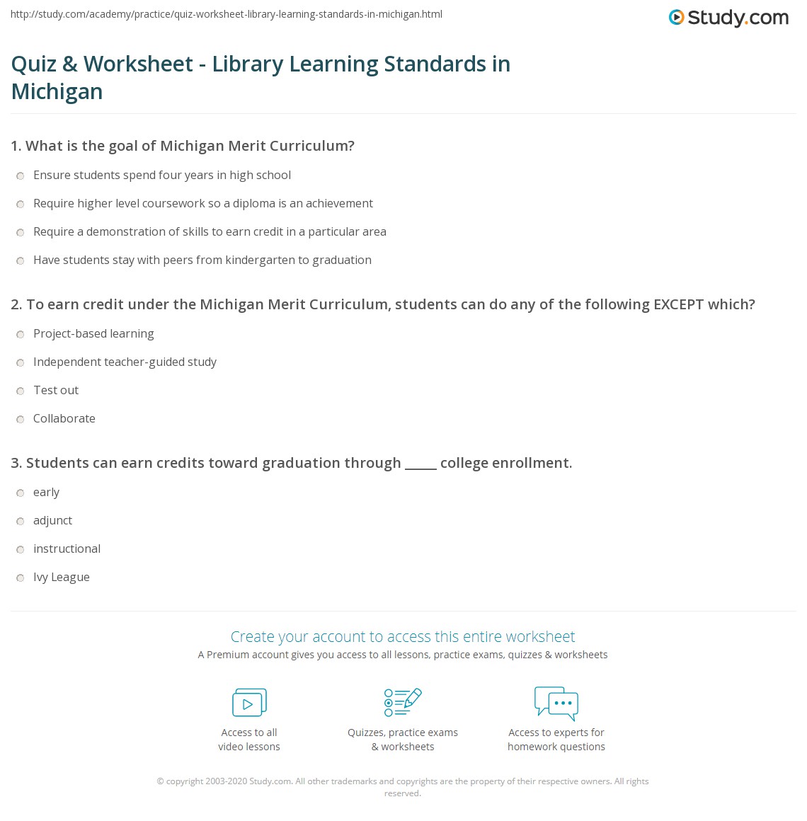 Quiz & Worksheet - Library Learning Standards in Michigan | Study.com