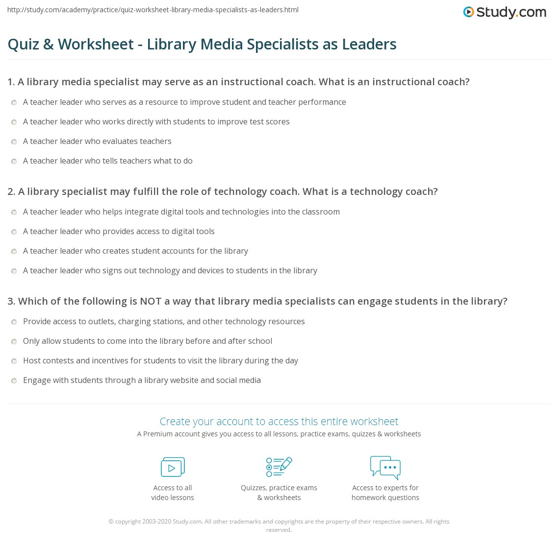 Quiz & Worksheet - Library Media Specialists as Leaders | Study.com
