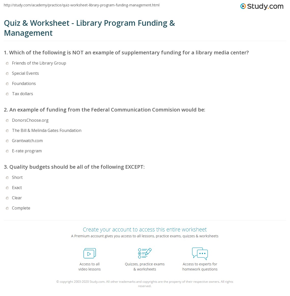 Quiz & Worksheet - Library Program Funding & Management | Study.com