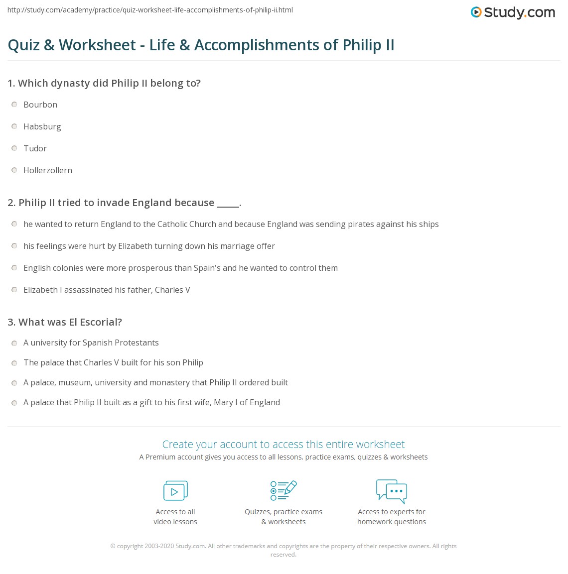 Quiz & Worksheet - Life & Accomplishments of Philip II | Study.com