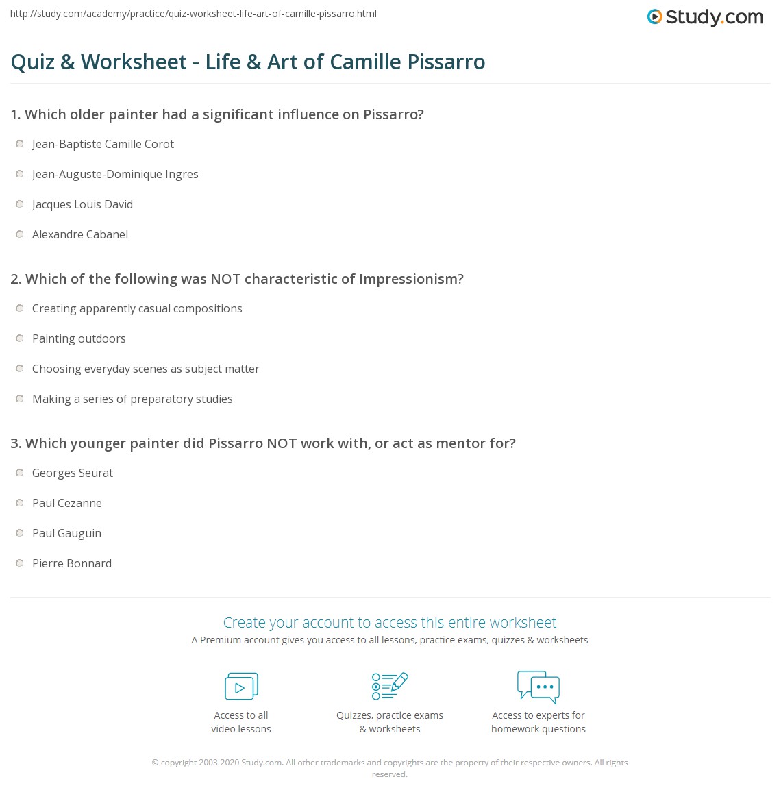Quiz & Worksheet - Life & Art of Camille Pissarro | Study.com