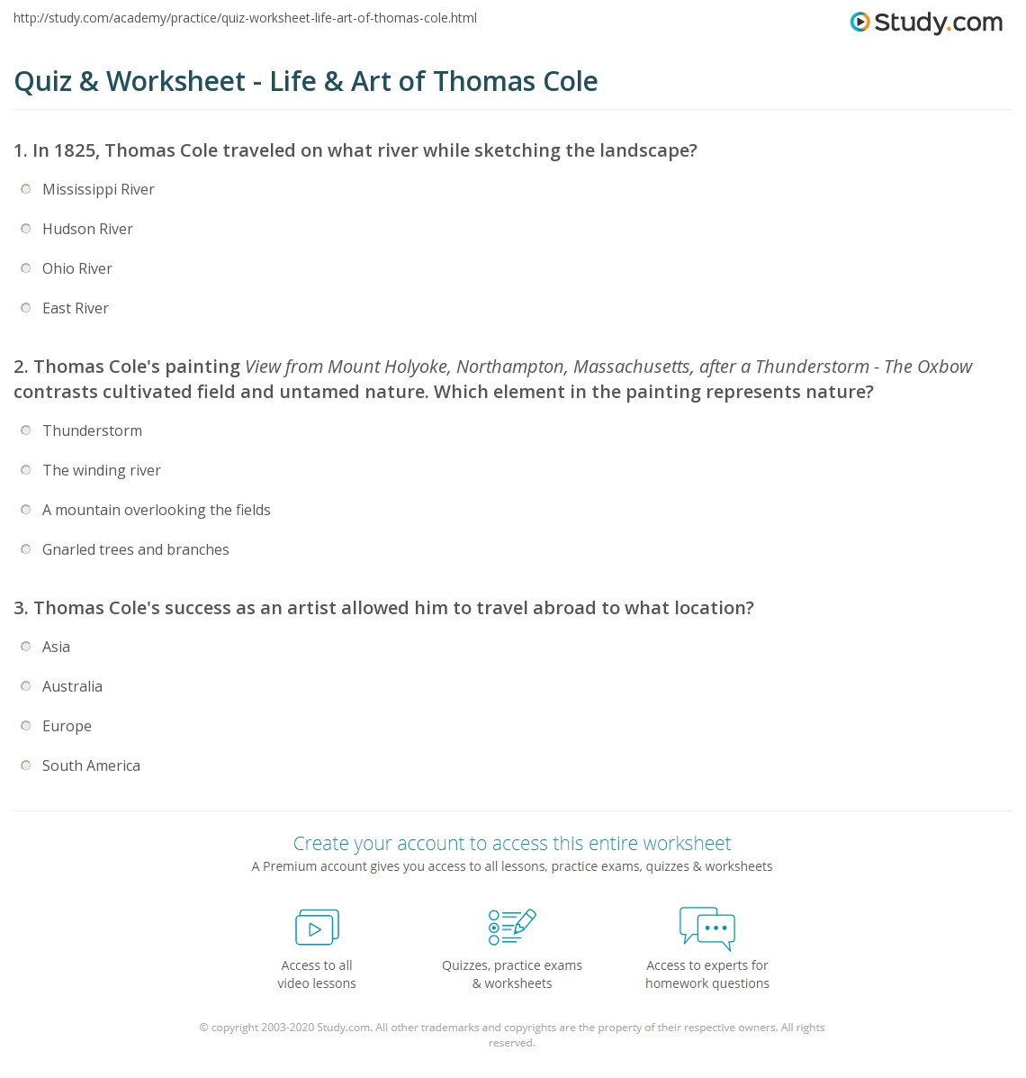 Quiz & Worksheet - Life & Art of Thomas Cole | Study.com