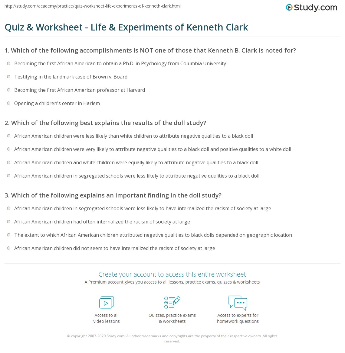 Quiz & Worksheet - Life & Experiments of Kenneth Clark | Study.com