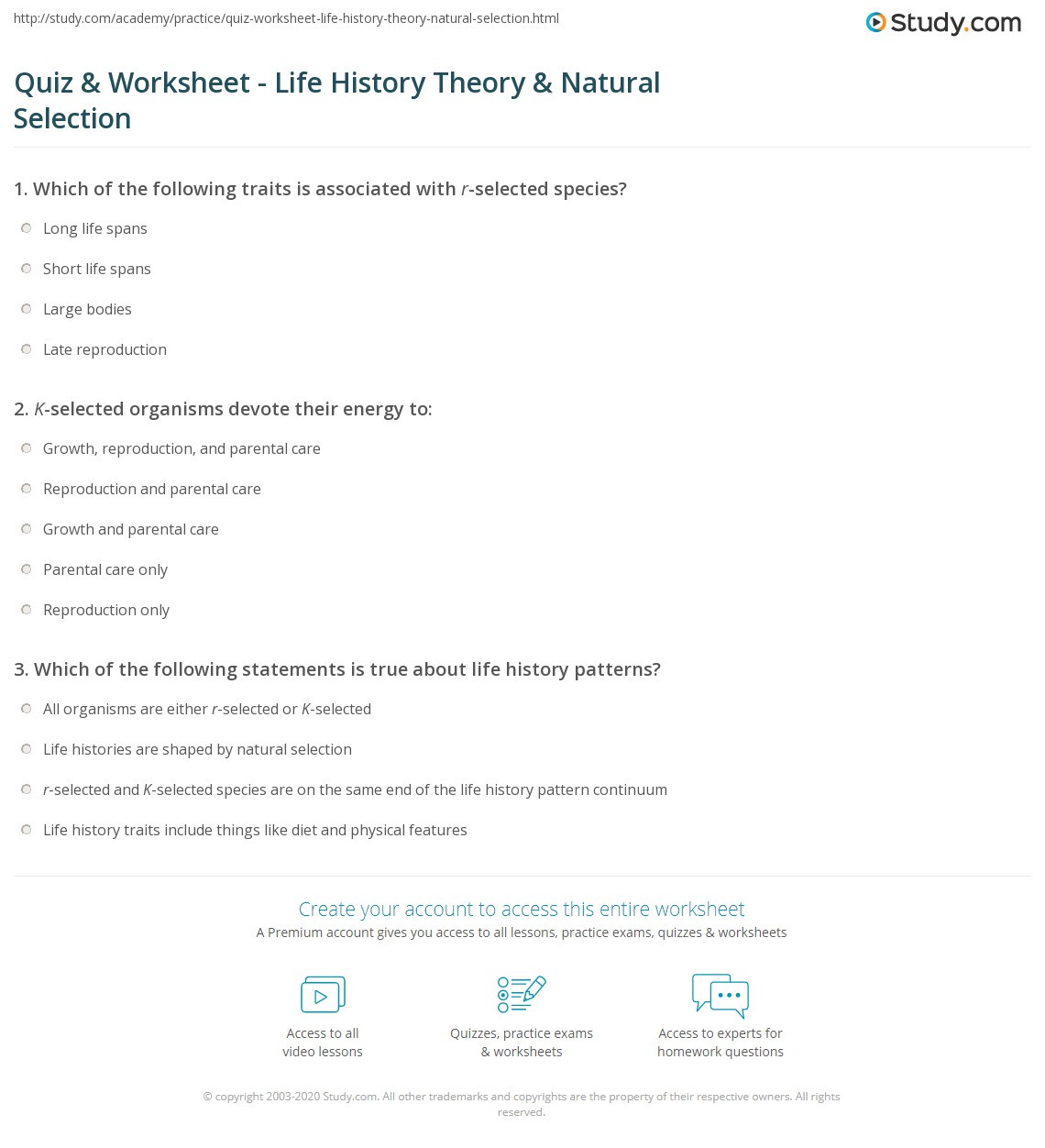 Quiz & Worksheet - Life History Theory & Natural Selection | Study.com